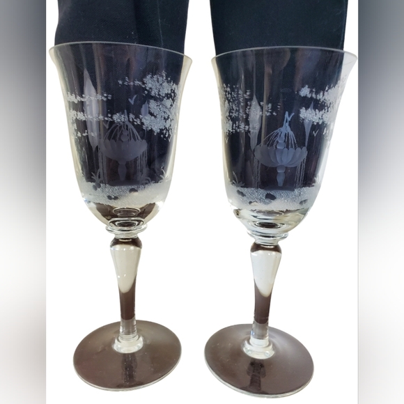 Dining | Vintage Etched Victorian Water Goblet Wine Glass Pair Romantic ...